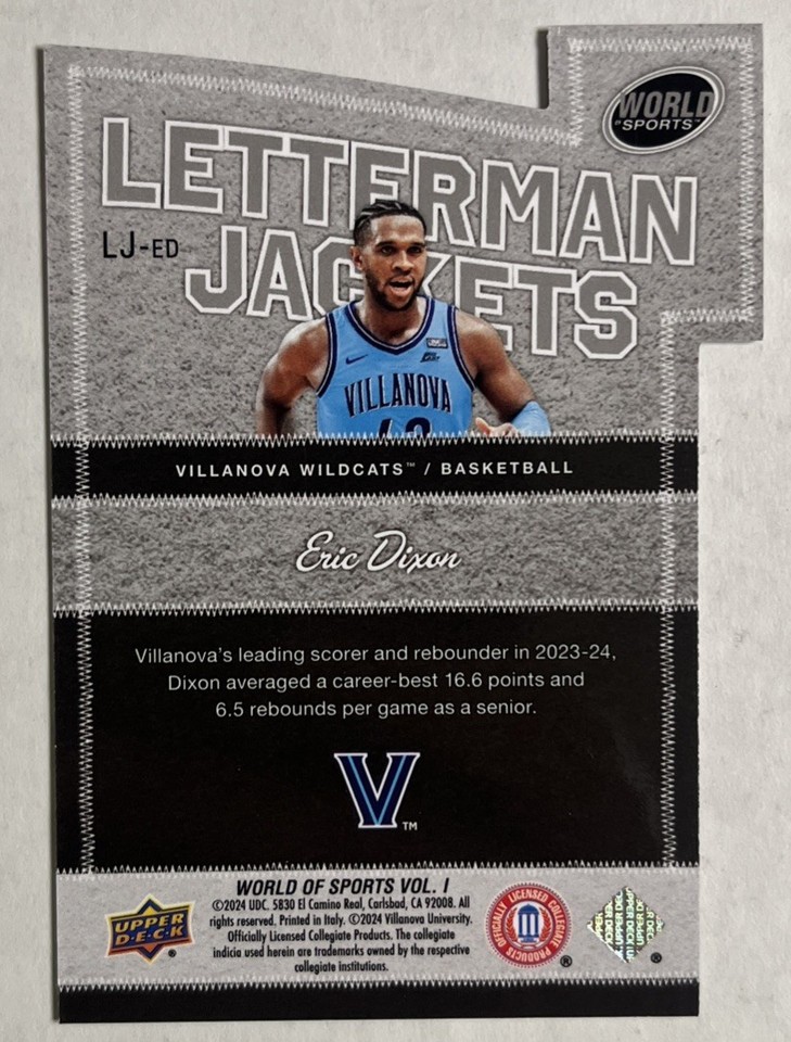2024 Upper Deck World Of Sports Eric Dixon Letterman Rookie Villanova ...