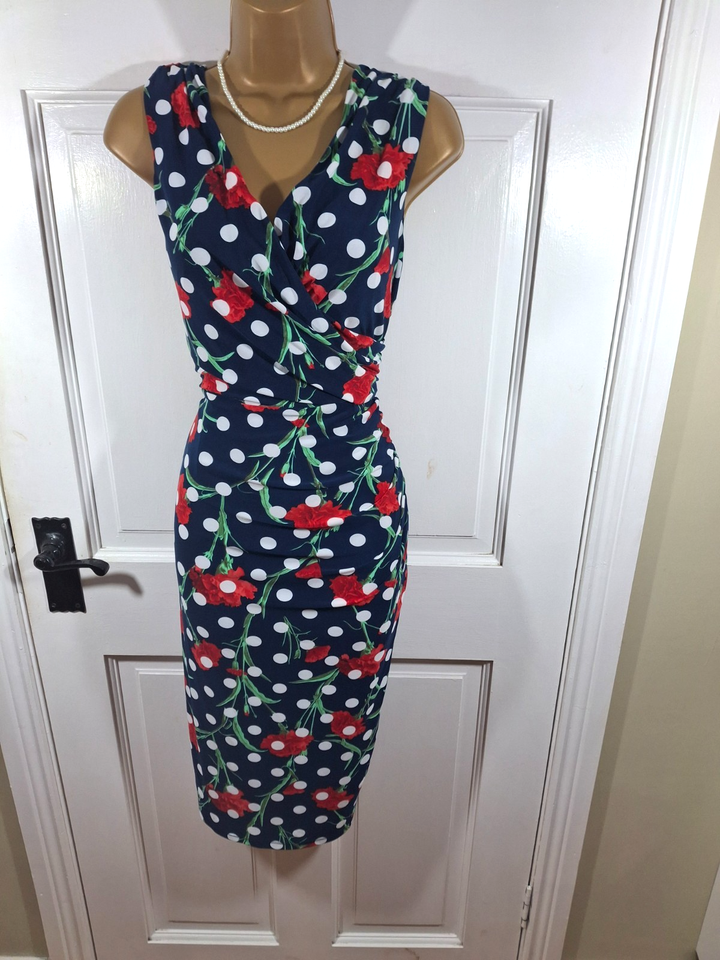 Gina Bacconi Blue & Red Floral & Polka Dot Lined Dress, UK 16, New With ...