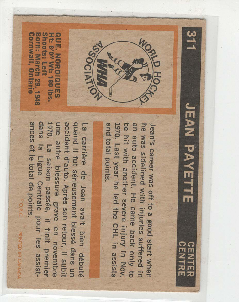 1972-73 O-PEE-CHEE HOCKEY #311 JEAN PAYETTE "EXMT" QUEBEC WHA | eBay