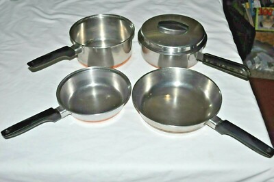 5 pc Vintage FLINT EKCO WARE Copper Bottom 6.5" & 8.25" Skillets & 3 qt ...