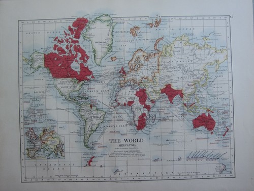 1913 MAP WORLD SHOWING BRITISH POSSESSIONS AFRICA INDIA AMERICA ASIA ...