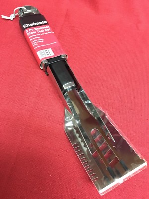 New Chefmate 3 Piece Stainless Steel Tool BBQ Set Spatula Tongs Fork ...