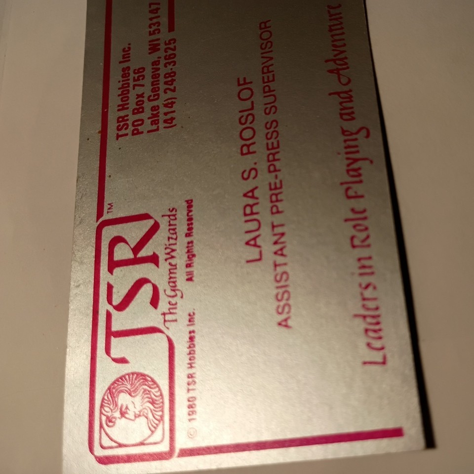 TSR Hobbies Inc. Circa 1980 Laura S. Roslof Business Card Dungeons And ...