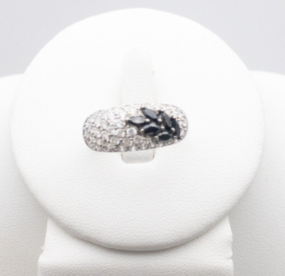14K White Gold Meda Ring Tapered Band Leaf Black White Glass Stones ...