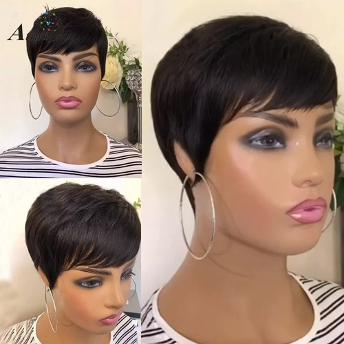 Full Machine Made Wig Human Hair Straight Pixie Cut Wig Atina Brazilian ...