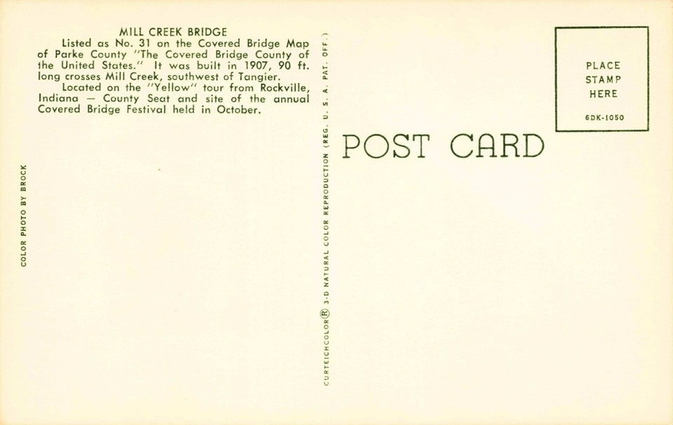 Postcard Mill Creek Bridge crossing Mill Creek near Tangier, Indiana IN ...