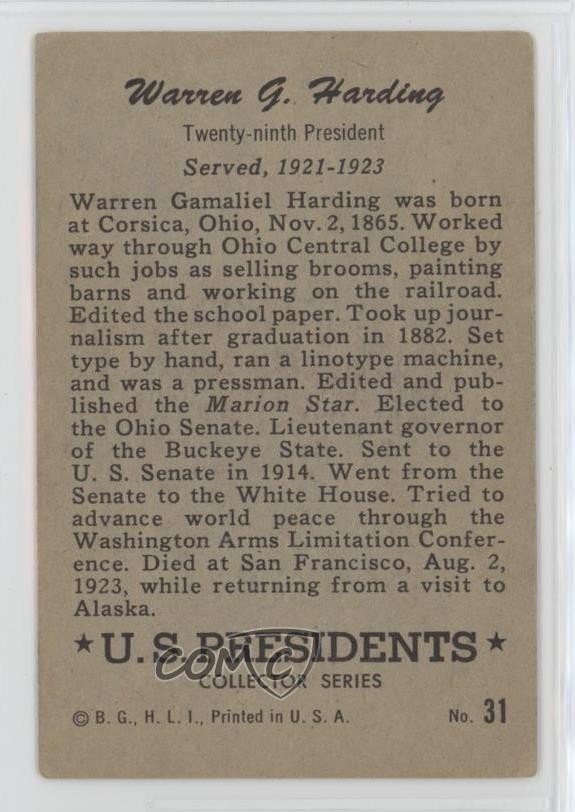 1952 Bowman US Presidents Warren G Harding #31 0nr3 | eBay