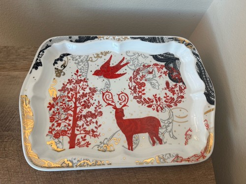 Cotswold Rosanna Christmas Ceramic Serving Tray Winter White Black Gold ...