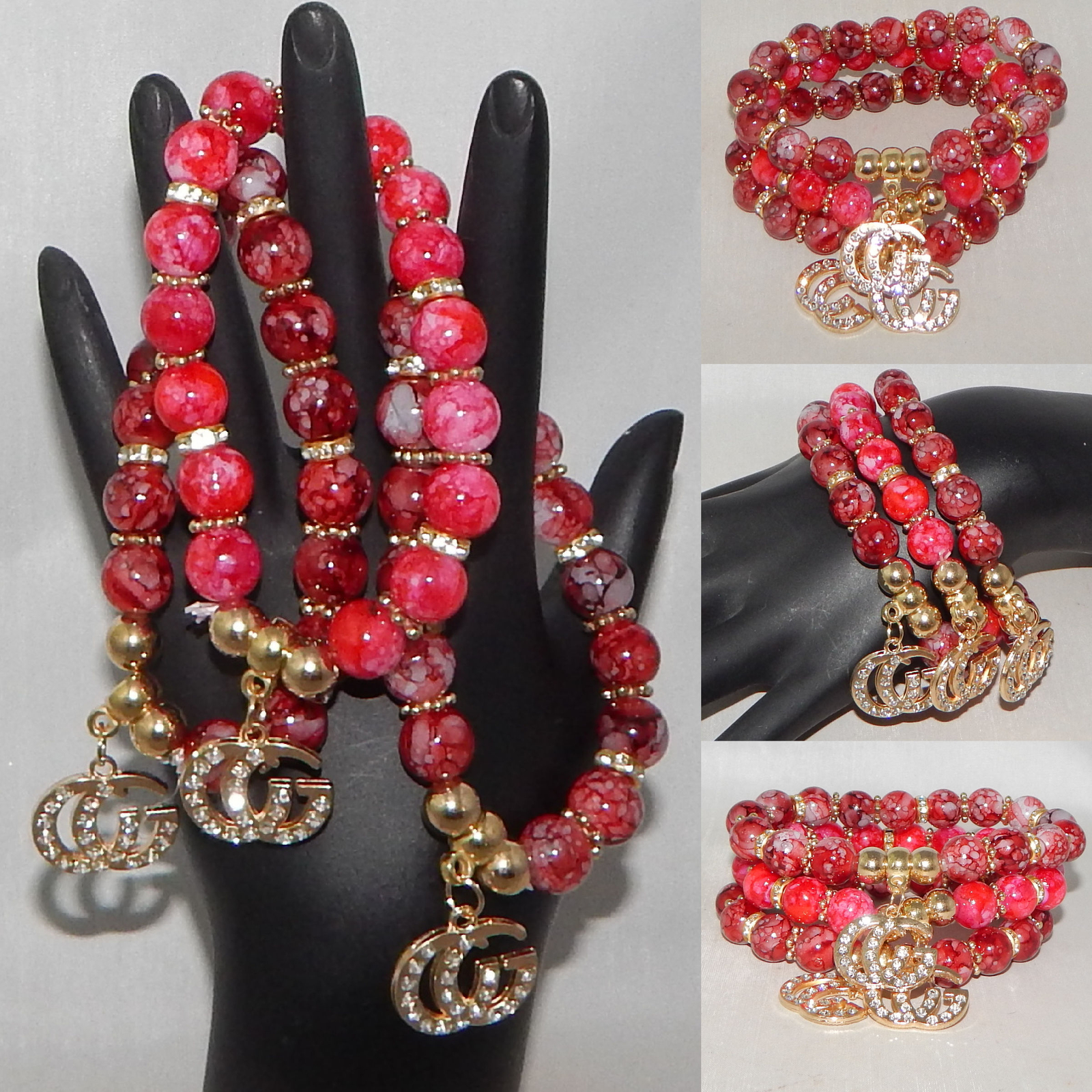 SET OF 3 CRANBERRY & MORE BEADS SPARKLY CHARM & SPACERS STRETCH FASION ...