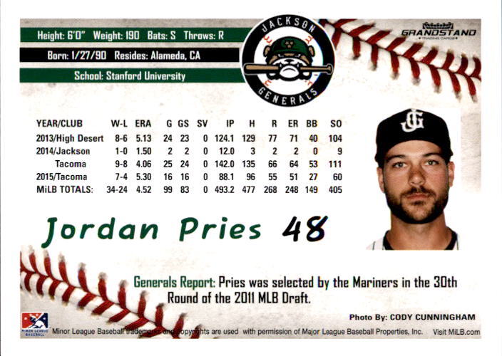 2016 Jackson Generals Grandstand #25 Jordan Pries Alameda California CA ...