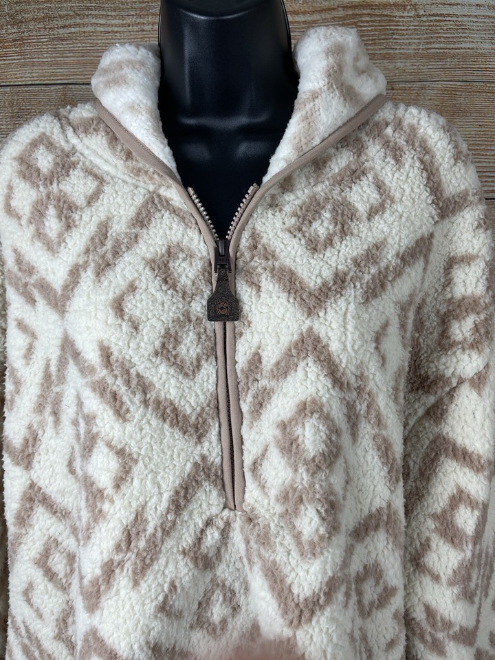 CINCH Women’s Half Zip Sherpa Coat Jacket Beige Cream Geometric ...