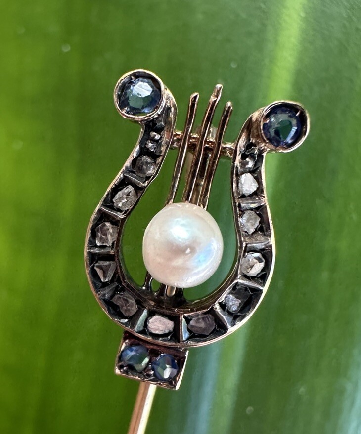 Antique 18k Gold Rustic Rose Cut Diamond Harp Stick P… - Gem