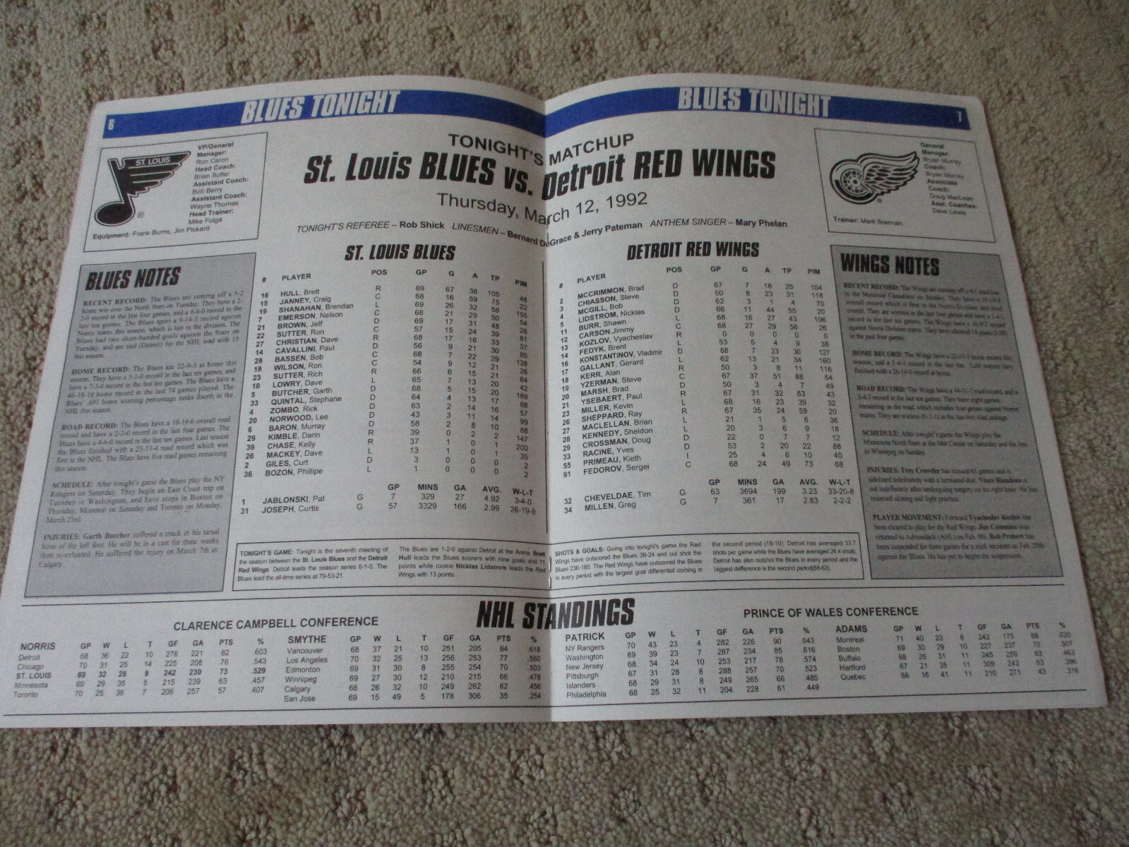 March 12 1992 St. Louis Blues vs Detroit Red Wings Program Scorecard | eBay