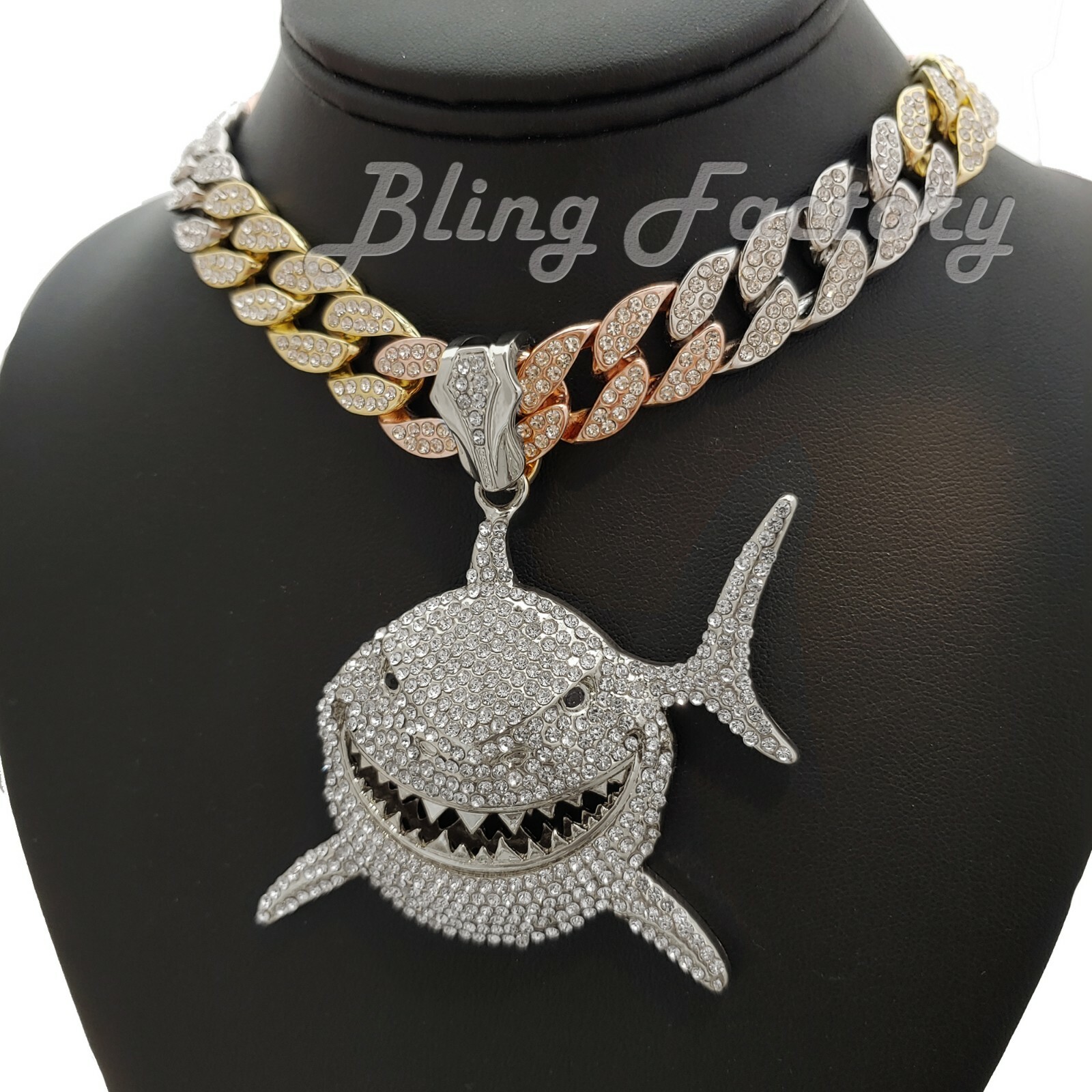 6ix9ine Shark pendant & 18" Iced Multi Color Cuban Choker Chain Hip Hop ...
