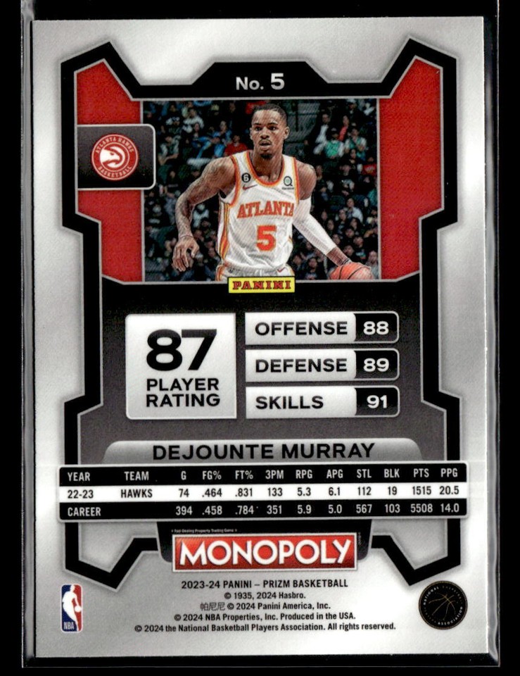 2023-24 Panini Prizm Monopoly #5 Dejounte Murray Card Atlanta Hawks | eBay