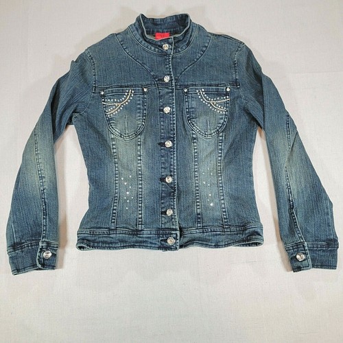 Very Vera Collarless Denim Jacket With Rhinestone Des… - Gem