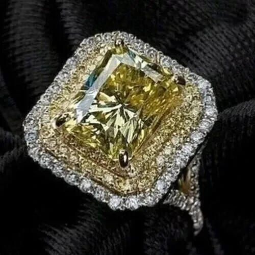 3Ct Canary Lab Created Diamond Double Halo Engagement Ring 14K White ...