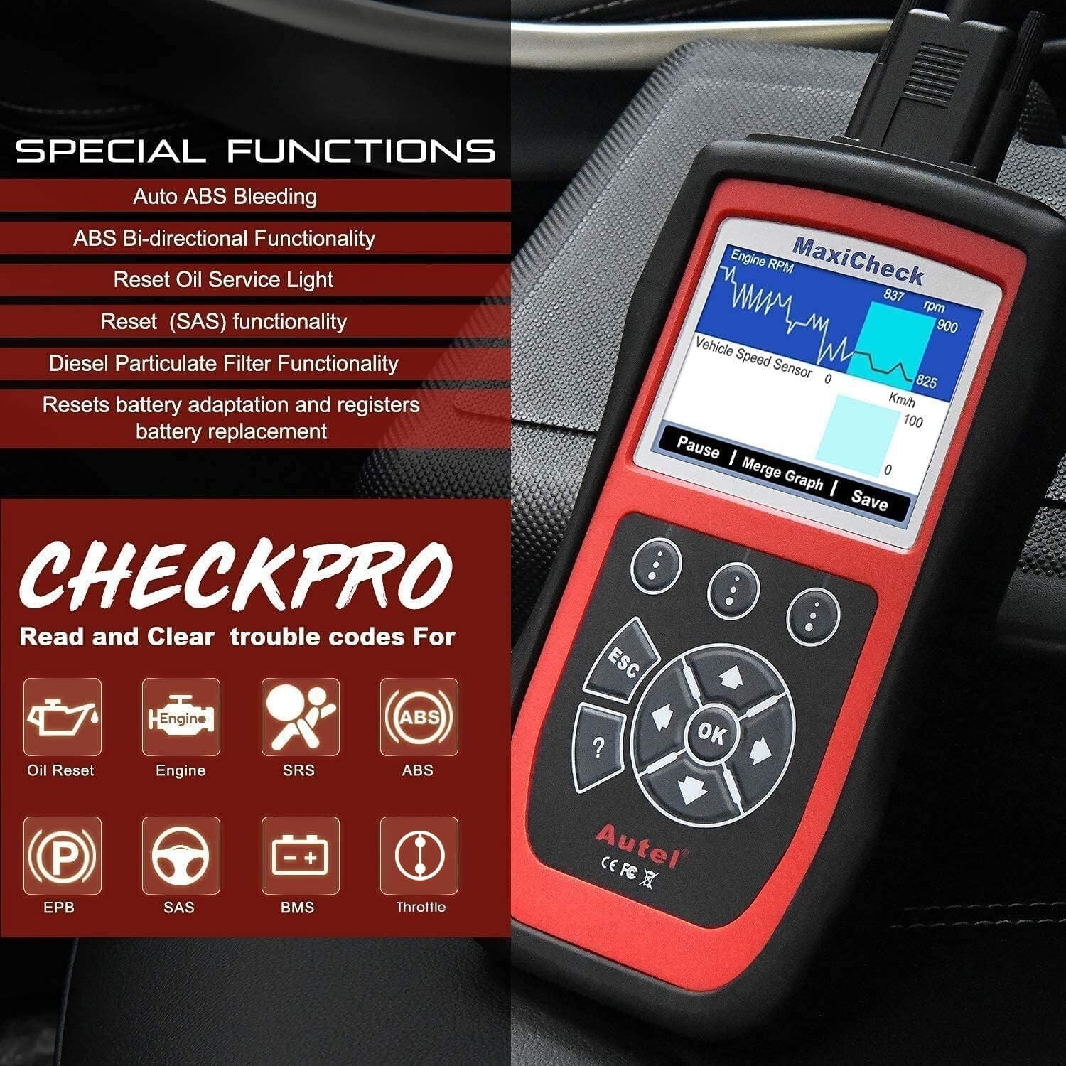 Autel MaxiCheck Pro OBD2 Diagnostic Tool Code Reader ABS Bleeding Clear ...