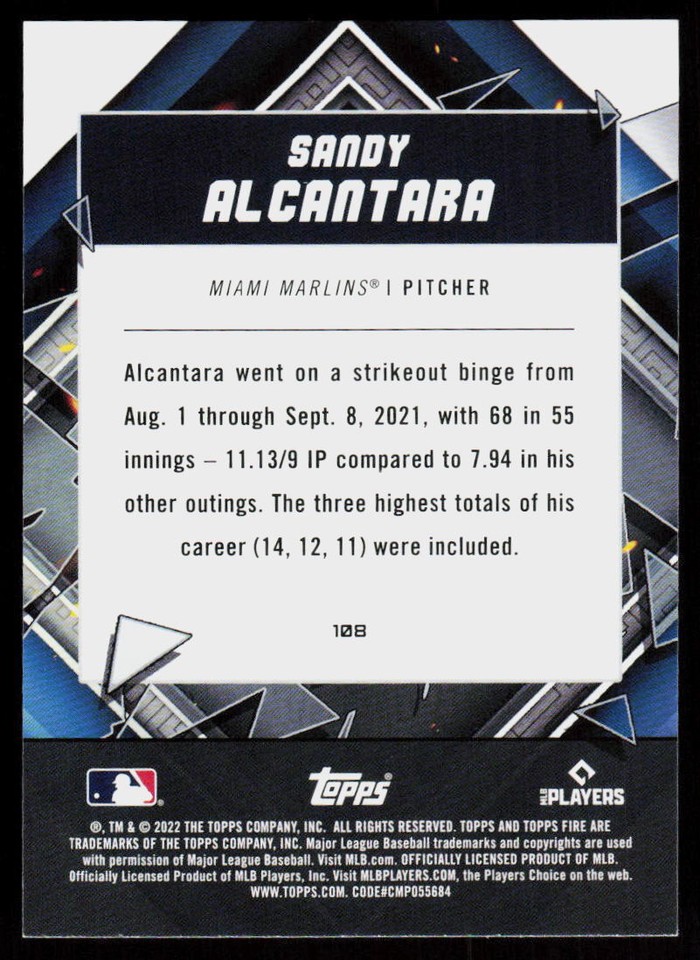2022 Topps Fire Sandy Alcantara #108 BASEBALL Miami Marlins | eBay