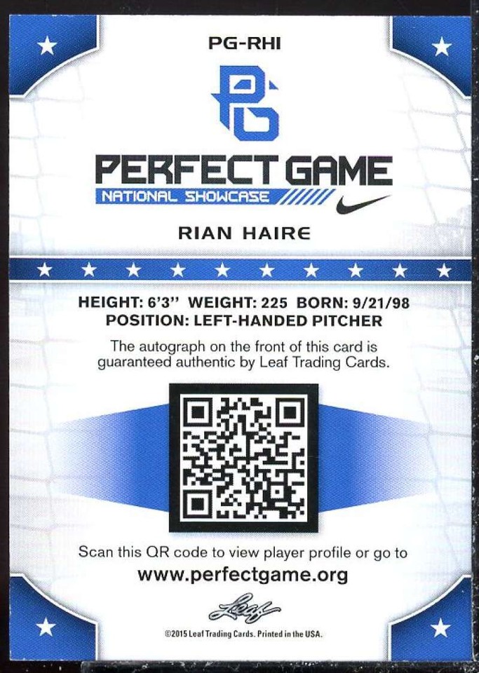 Rian Haire Card 2015 Leaf Perfect Game Autographs Blue #PGRH1 | eBay