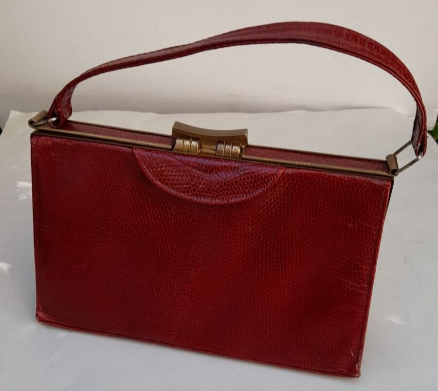 Vintage Deep Red Lizard Reptile Skin Frame Purse Hand… - Gem