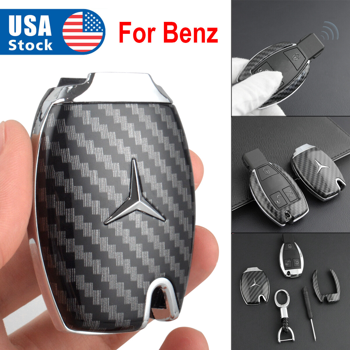 *Carbon Fiber Smart Car Key Case Cover For Mercedes Benz Fob Holder ...