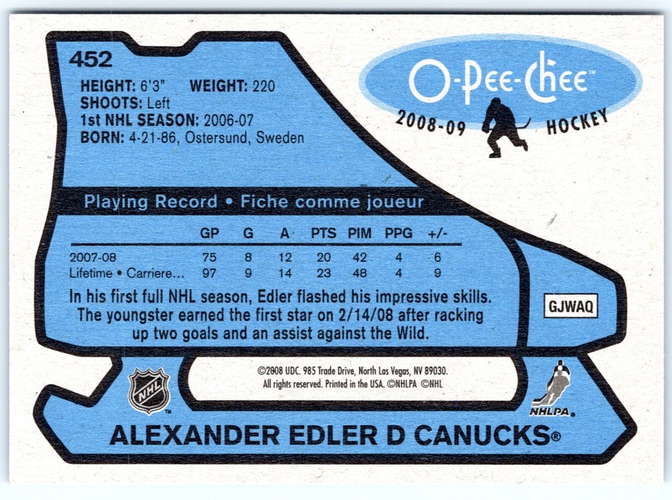 ALEXANDER EDLER 2008-09 O-PEE-CHEE 1979-80 RETRO 08-09 NO 452 NM+ 57364 ...