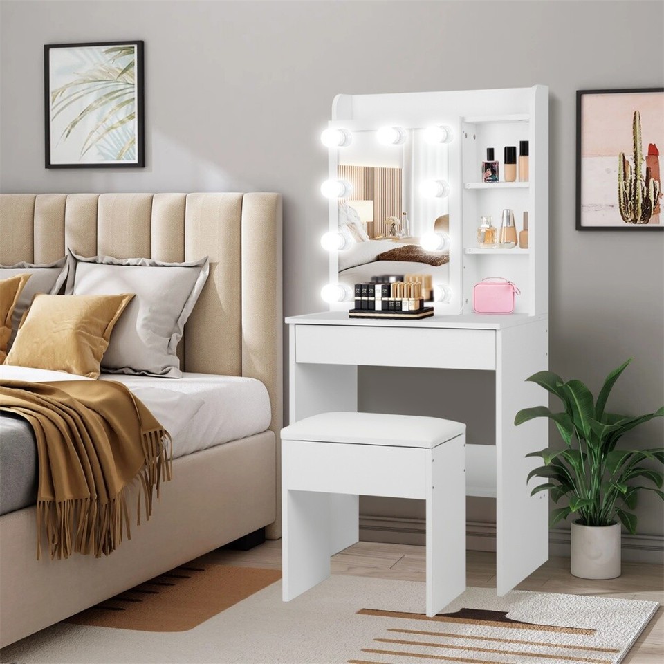 Cosmetic Dressing Table Set Makeup Vanity with Stool & LED Adjustable ...