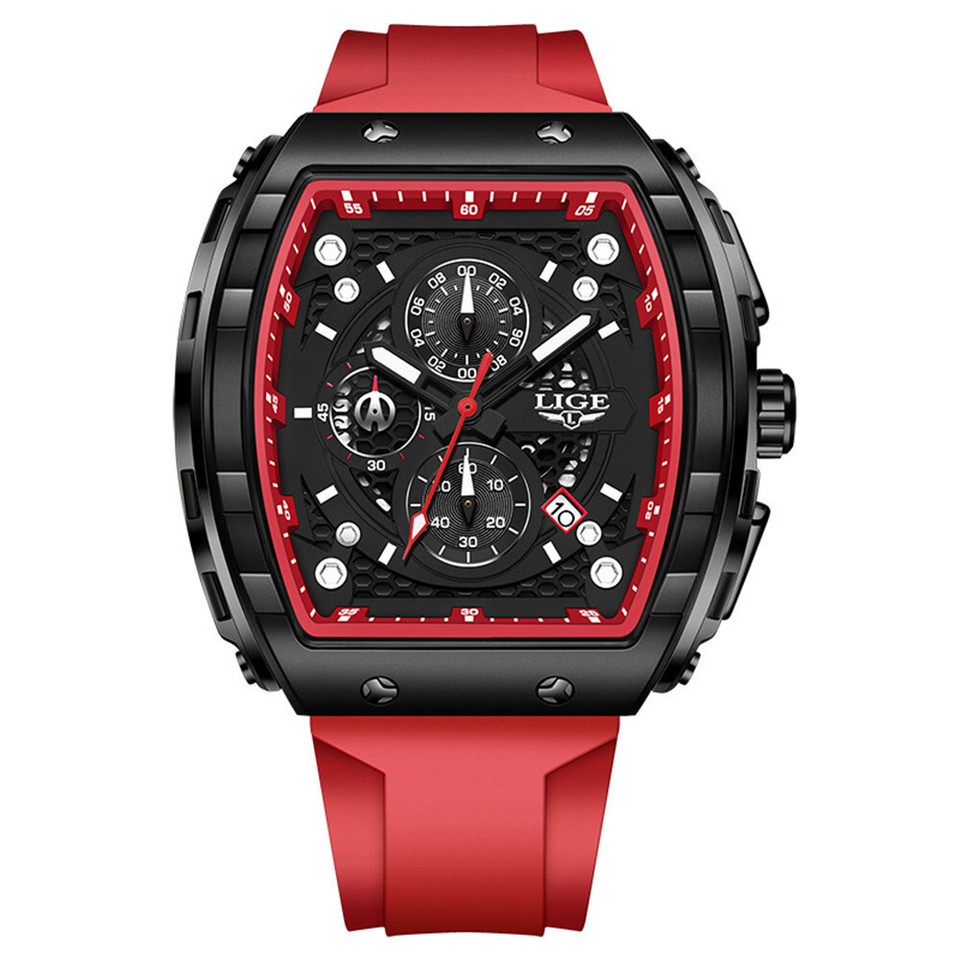 LIGE Men Quartz Watch Rectangle Sport Wristwatch Chronograph Males Date ...