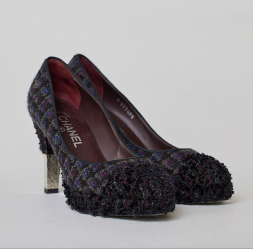 CHANEL Tweed High metallic heels Pumps Women check pattern round toe ...