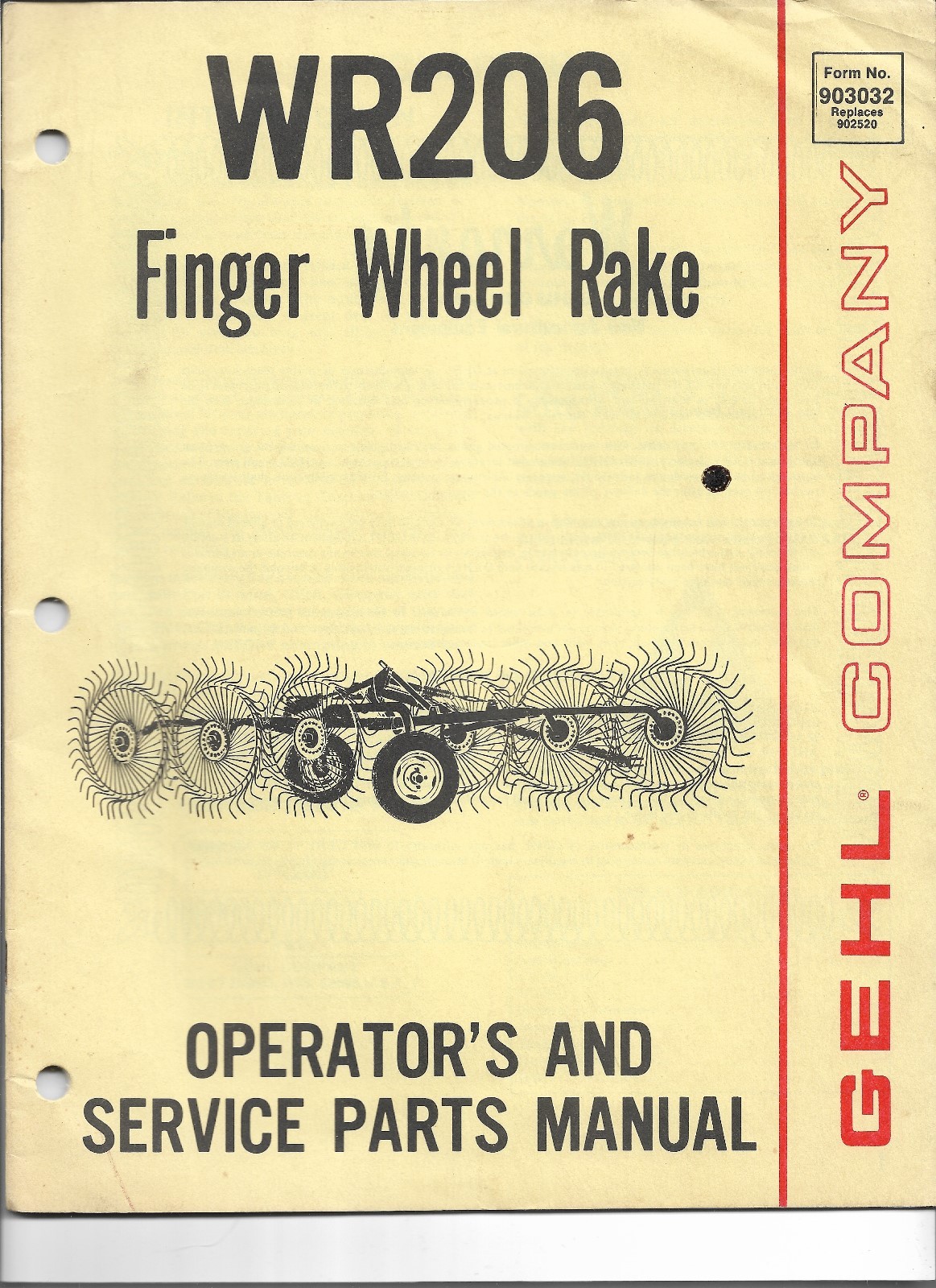 Original Gehl WR206 Finger Wheel Rake Operators Parts Manual # 903032/1 ...