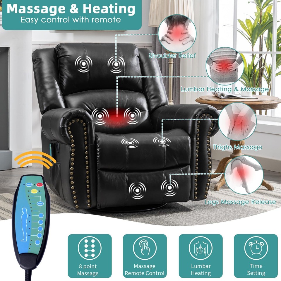 Massage Swivel Rocker Recliner, 360°Swivel Lounge Recliners W/Heat and ...