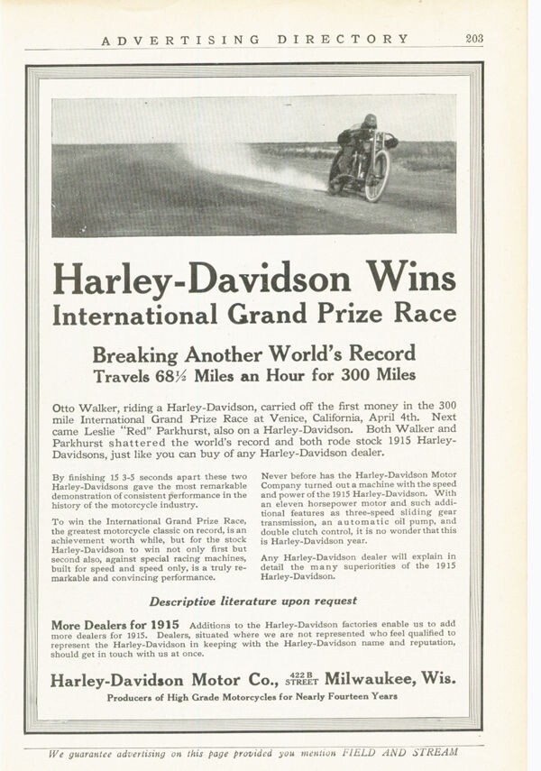 1915 HARLEY DAVIDSON INTERNATIONAL PRIZE RACE OTTO WALKER MOTORCYCLE ...