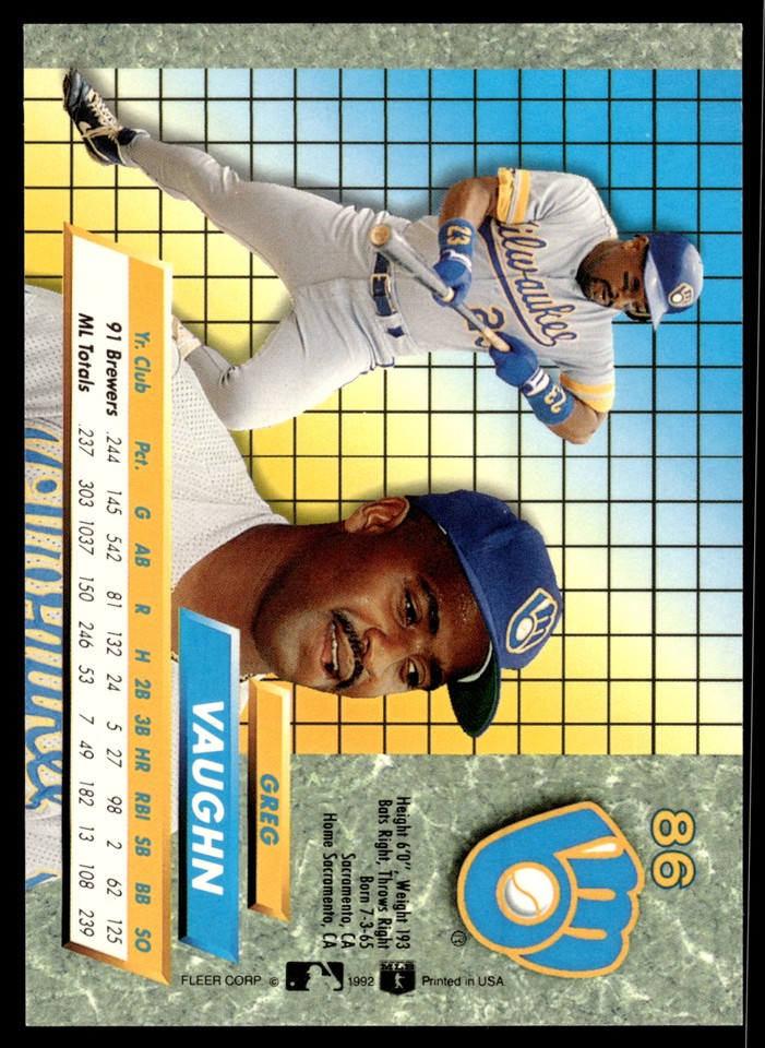1992 Ultra #86 Greg Vaughn Milwaukee Brewers | eBay