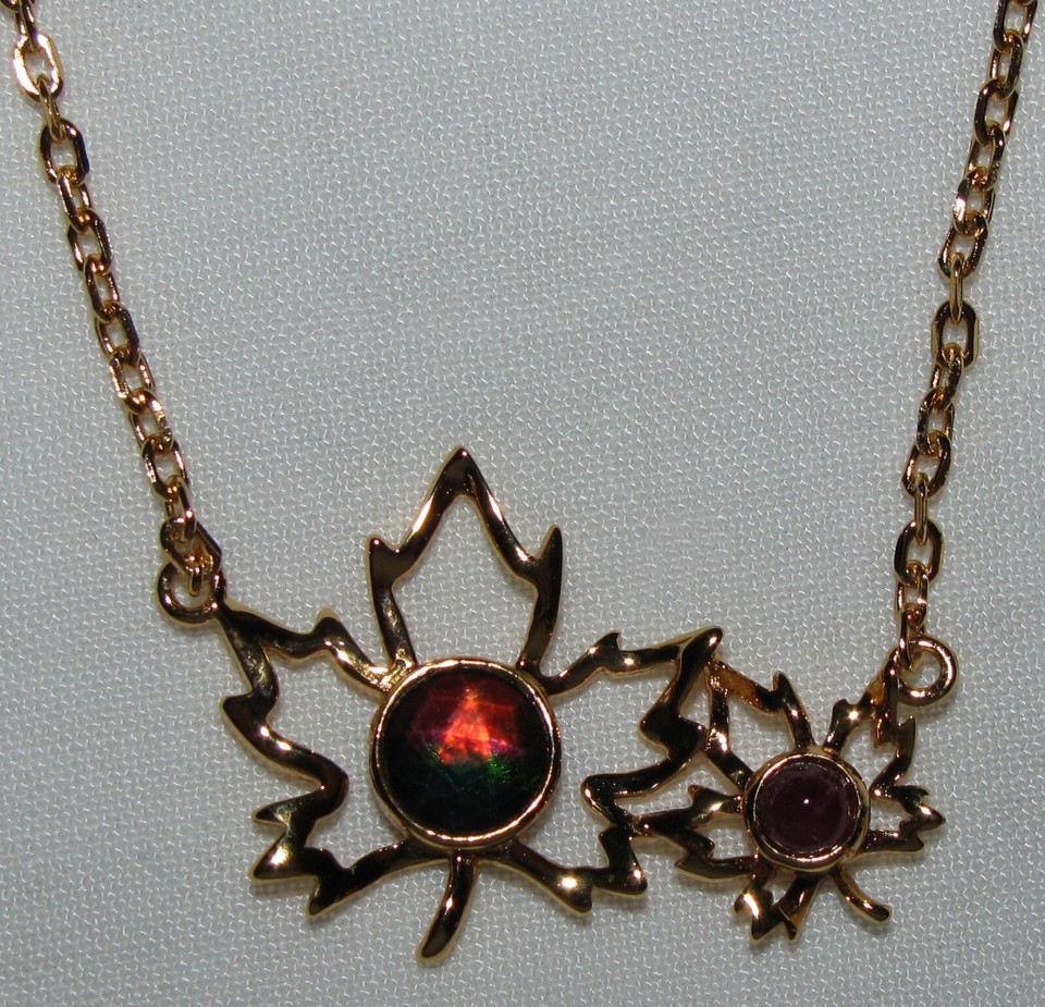 Gold-Plated Canadian Ammolite & Greenland Ruby Double Maple Leaf ...