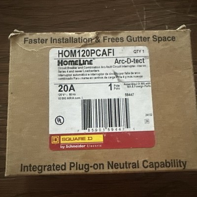 SQUARE D HOM120PCAFI 20 AMP 120V ARC FAULT PLUG ON NEUTRAL BREAKER New ...