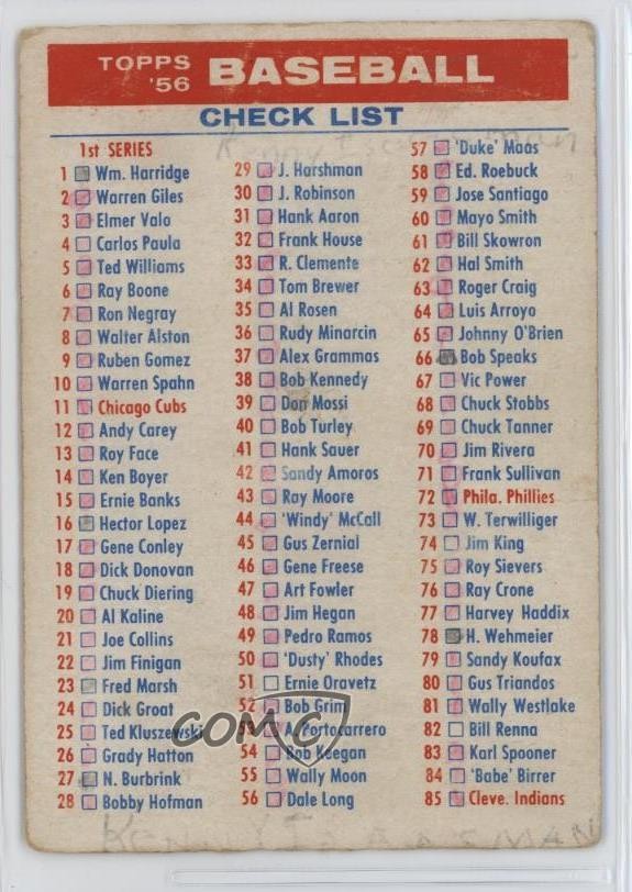1956 Topps Checklists Checklist Series 1/3 2v5 | eBay
