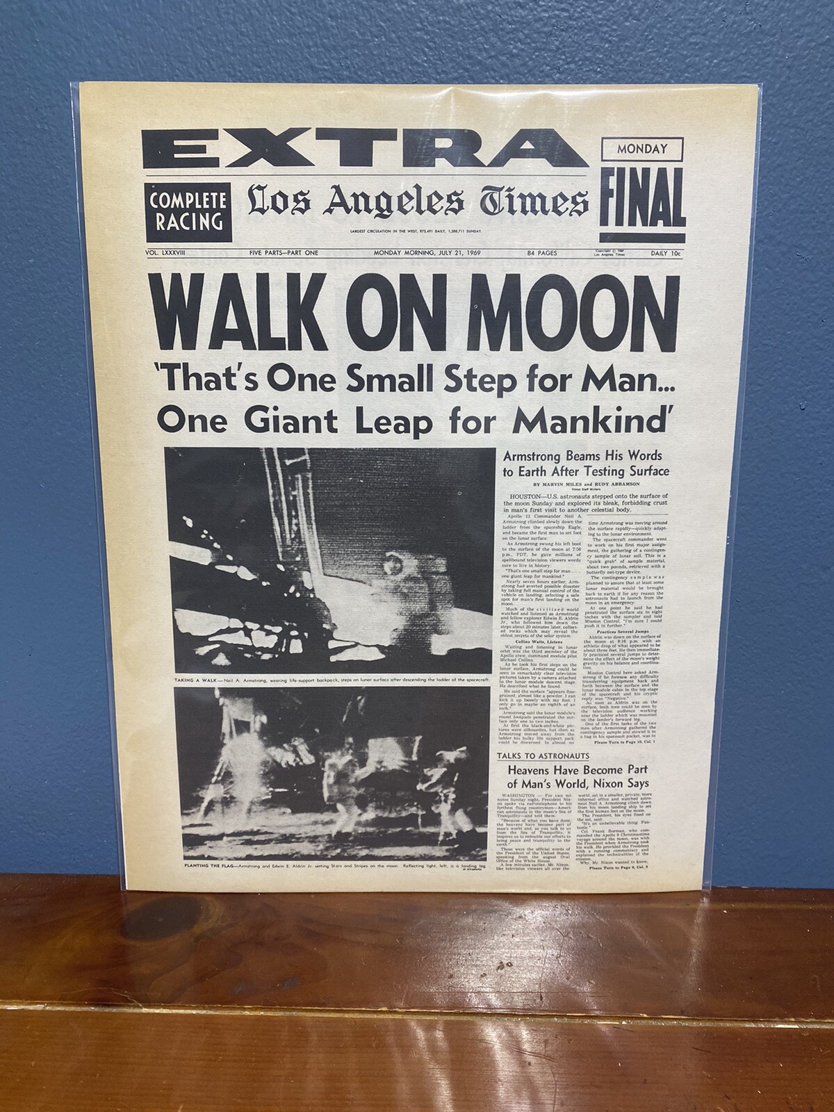 VINTAGE NEWSPAPER HEADLINE ~ MAN WALKS ON THE MOON USA NEIL ARMSTRONG ...