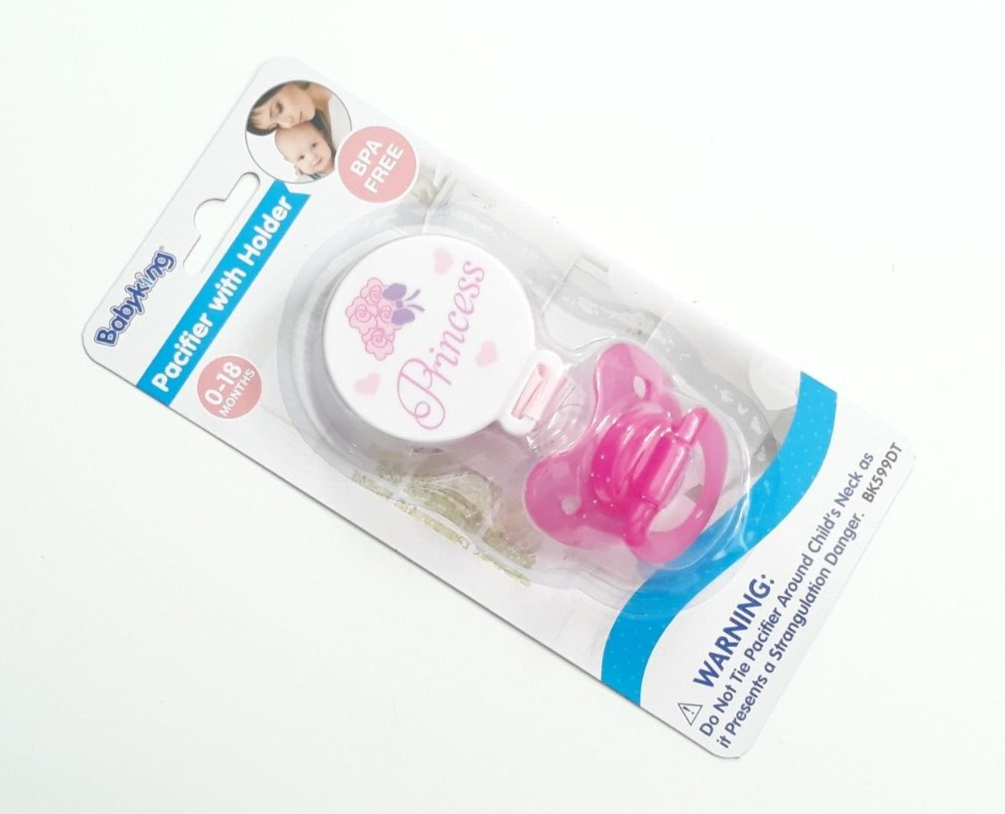 1 PACK 1 PACIFIER 1 HOLDER BABY KING PINK SILICONE BINKY 0+ MONTHS BPA ...