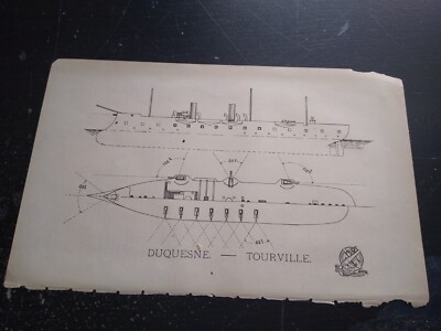 1880 US Navy Tourville Ship Naval Engineering Military Ordnance Sketch ...