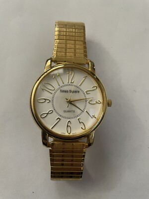 Times Square Watch Gold Tone Round Face Stretch Band New Battery ...