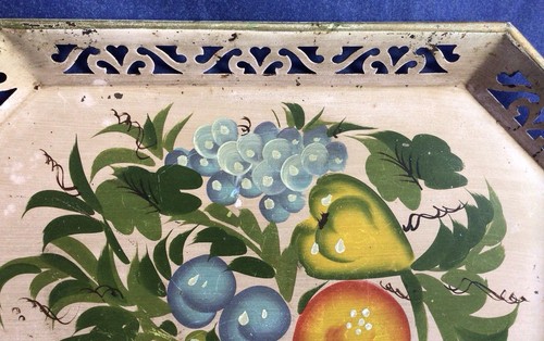 Vintage Pink Metal Toleware Hand Painted Tray Fruit Leaves Tole Vanity ...