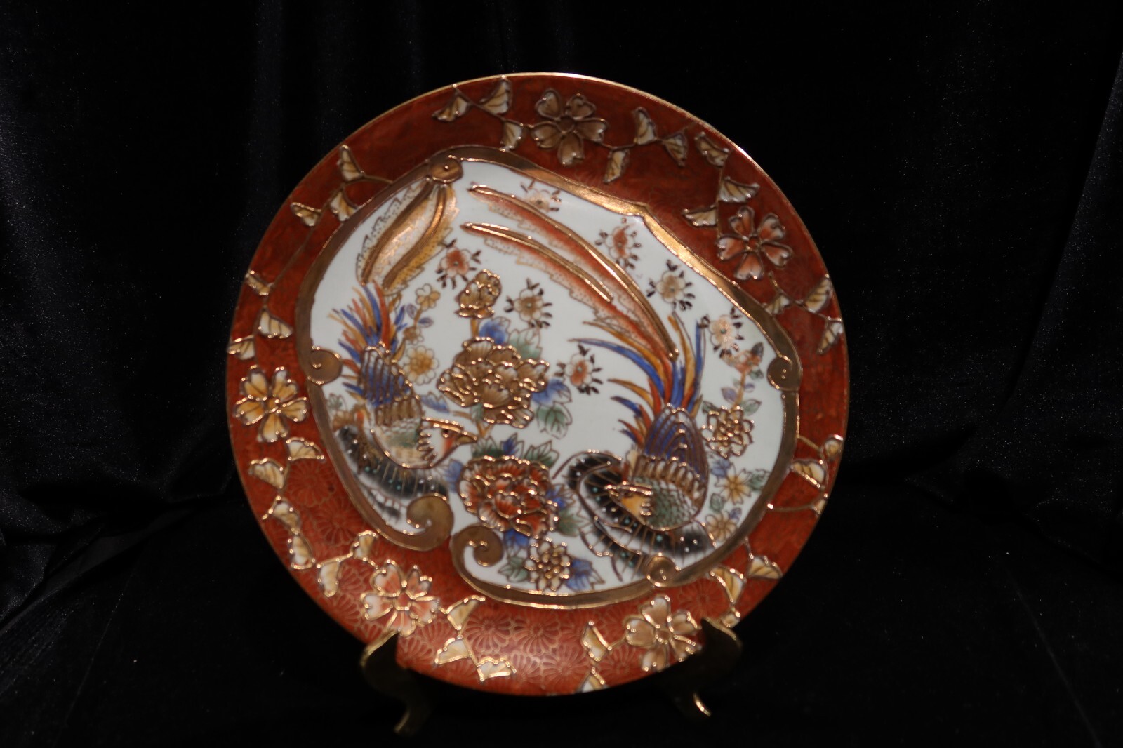 VINTAGE JAPANESE SATSUMA PLATE BIRDS FLOWERS 10 1/4" WIDE HAND PAINTED ...