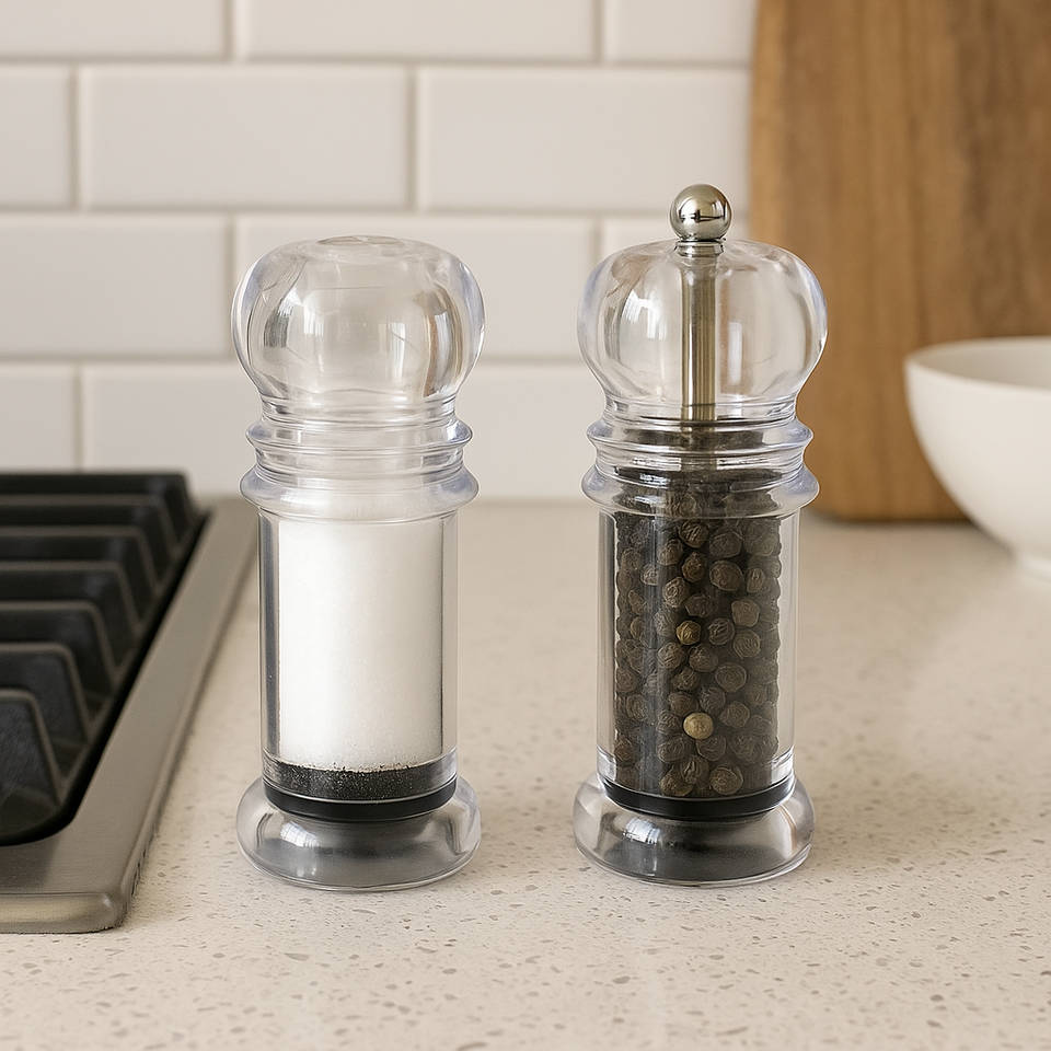 Salt Shaker & Pepper Mill Set Clear Plastic 4 Inch Lightweight Table ...