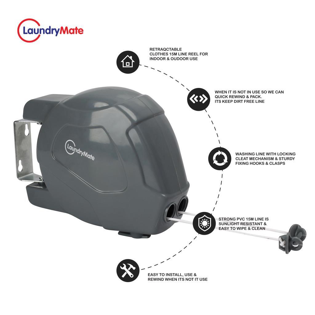 30m Retractable Clothes Reel Double Washing Line Wall Mounted Outdoor ...