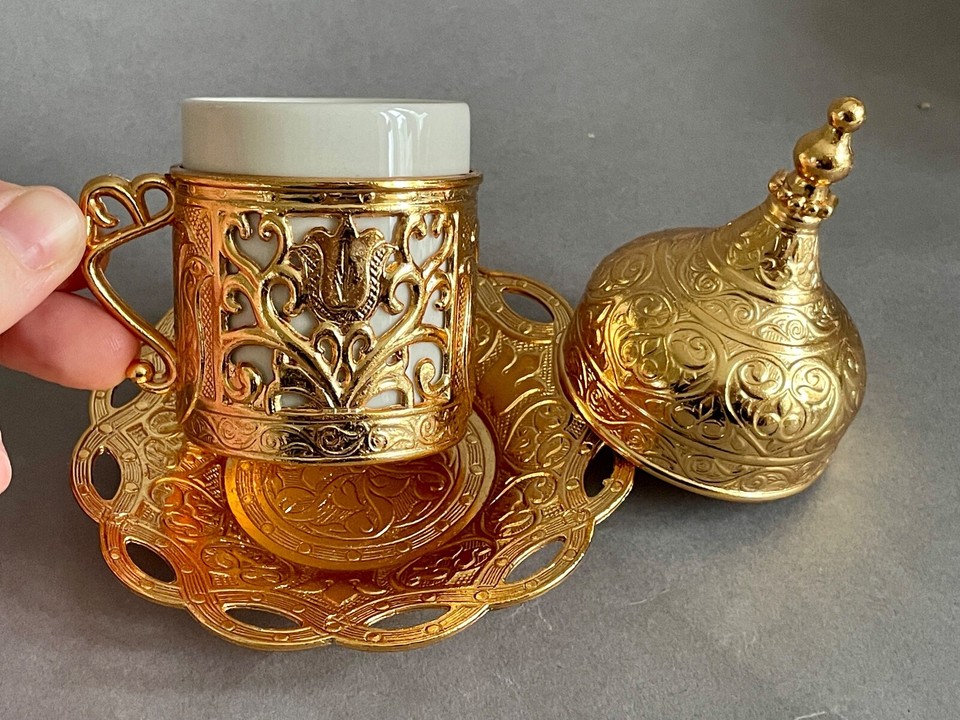 Turkish Coffee Mug Tulip Motif Porcelain Cup Lid Plate Gold Silver ...