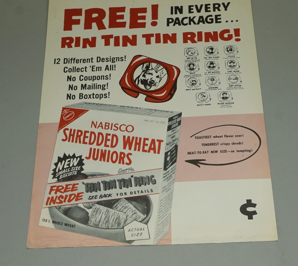 RARE 1950S NABISCO CEREAL RIN TIN TIN RING STORE SHELF CARDBOARD ...