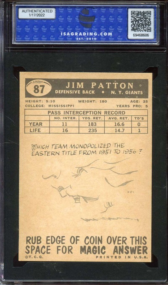 1959 TOPPS #87 JIM PATTON ISA 8 NY GIANTS NICELY CENTERED *ADT4892 | eBay