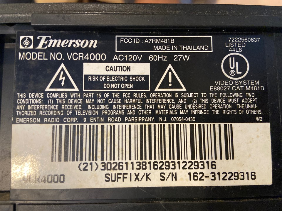 Vintage Emerson VCR4000 4 Head Digital Tracking VHS VCR Tested & Works ...