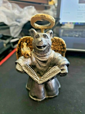 MICHAEL RICKER Pewter & GOLD Angel BEAR Singing w/ bird, Signed, #891 ...